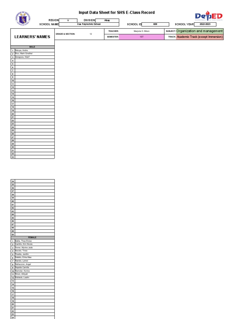 SHS E Class Record ORG. ABM | PDF