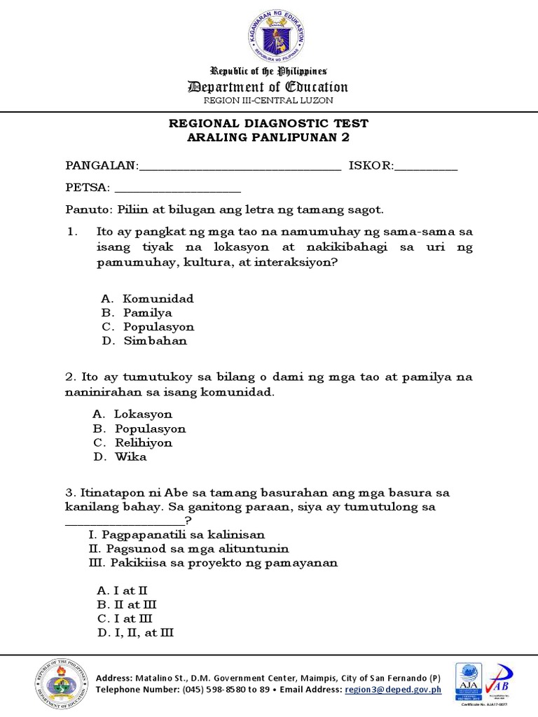 Grade2 AP AssessmentTool TOS AnswerKey | PDF