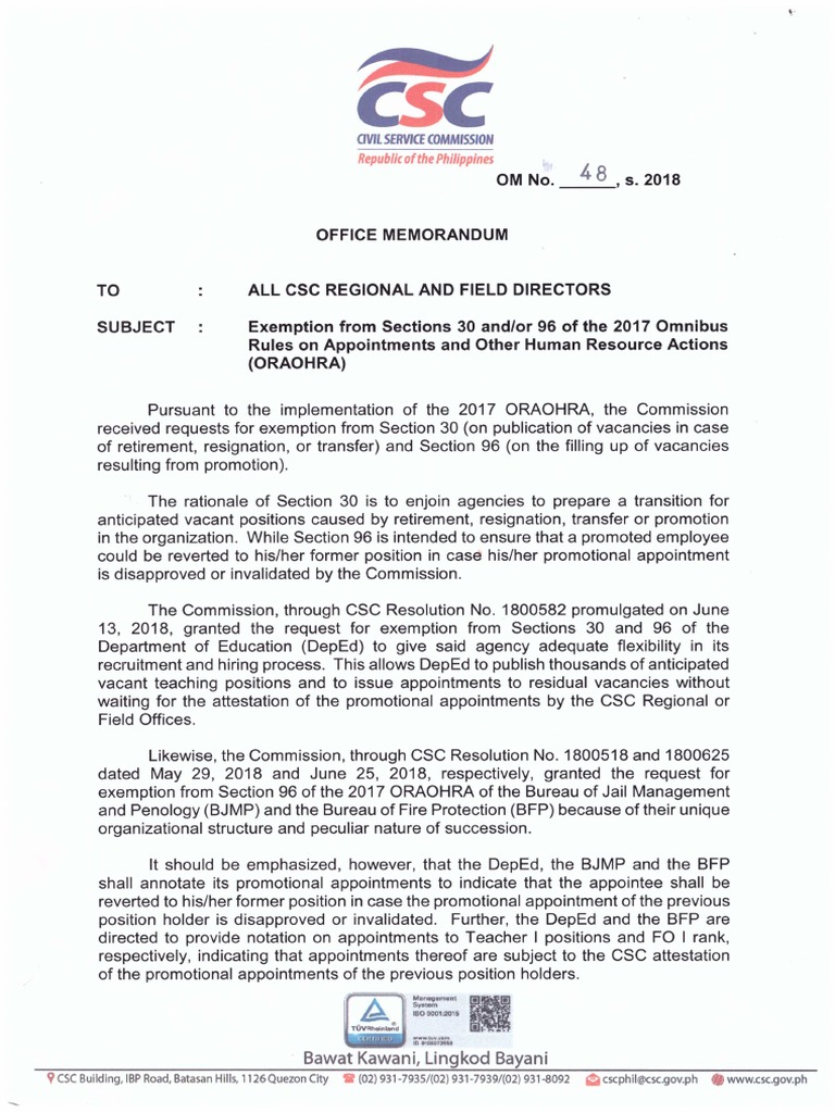 Om48s2018oraohra - DepEd Exemptions From Sec 30 ORA OHRA | PDF