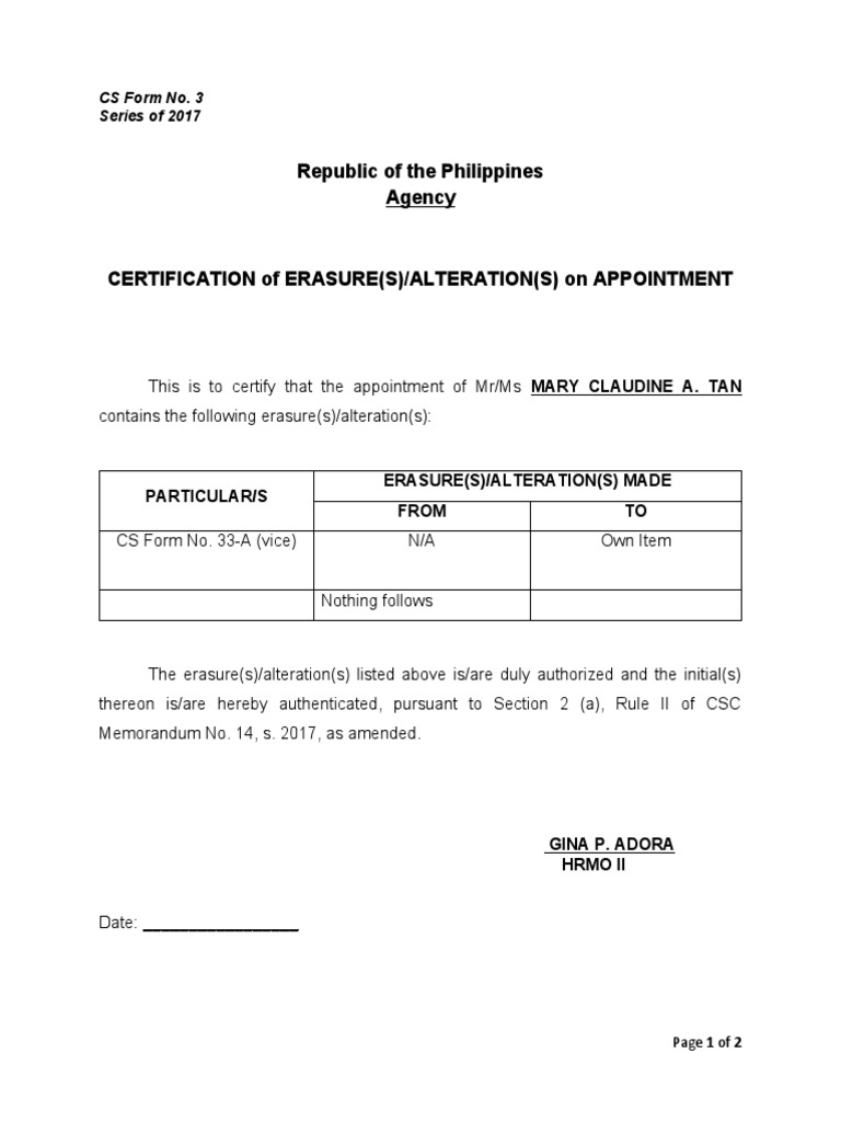 CS Form No. 3 Certificate of Erasures Alteration | PDF