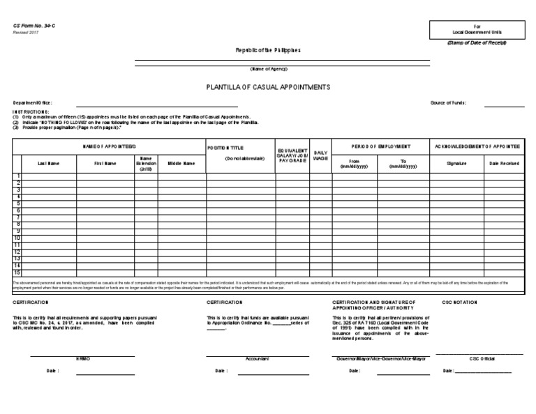 Cs Form No. 34-c Plantilla of Casual Appointment - Lgu Regulated | PDF ...