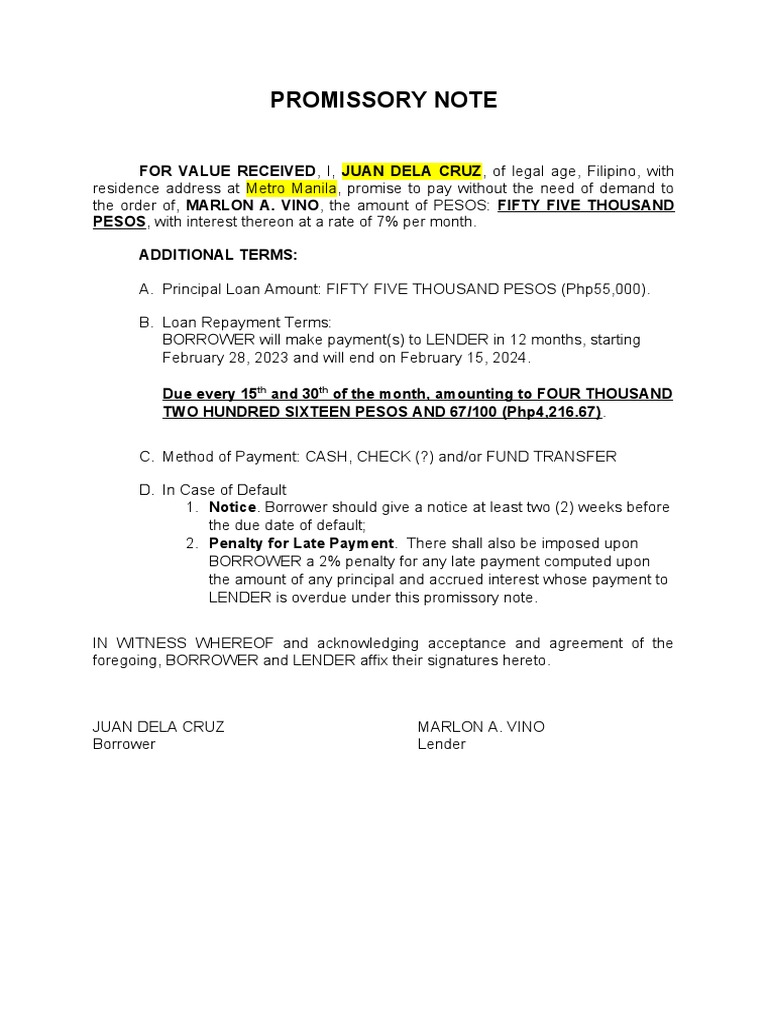 Draft Promissory Note - Template | PDF