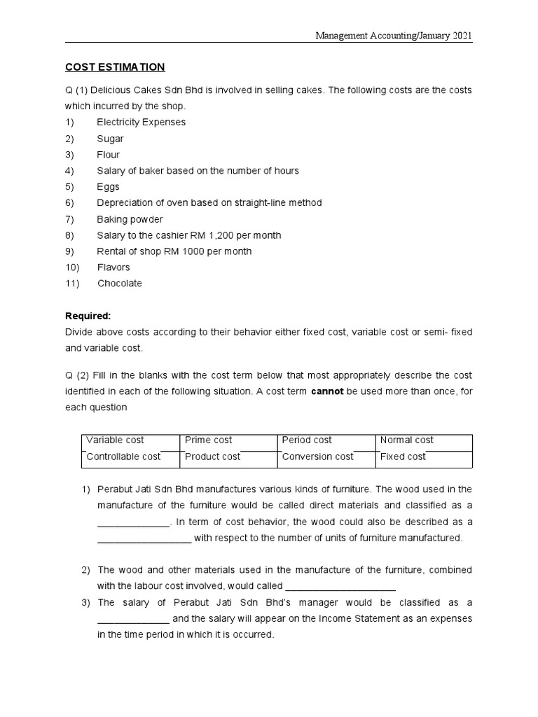 TUTORIAL TOPIC 4 - Cost Estimation, Behaviour and CVP Analysis | PDF ...
