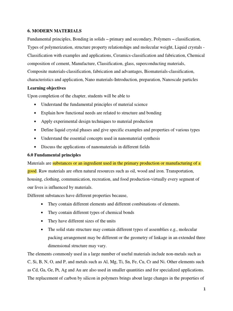 Notes - Modern Materials | PDF | Polymers | Chemical Bond