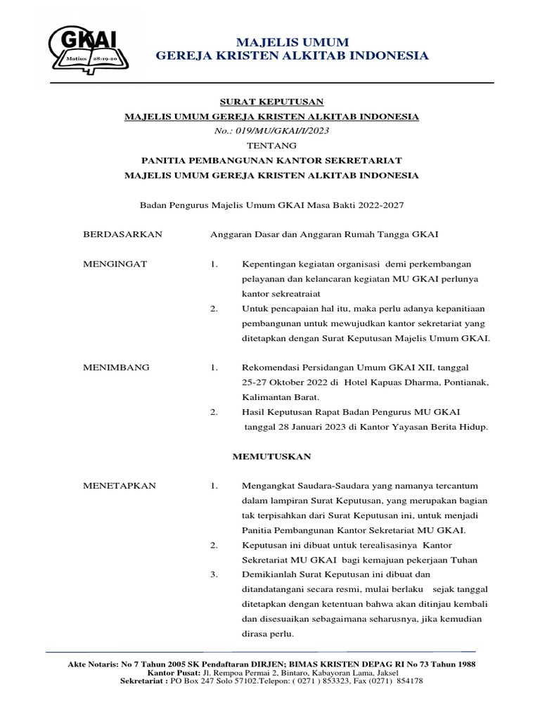 SK Panitia Pembangunan Kantor Sekretariat MU GKAI 2023-1 | PDF