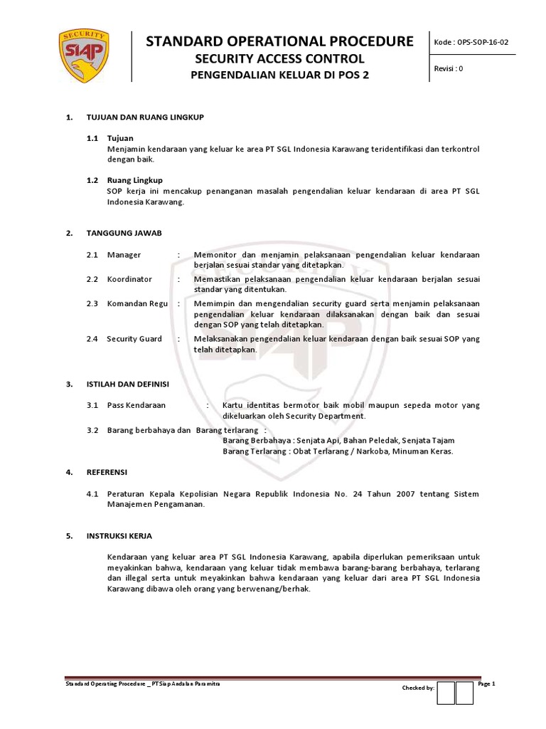 23 - Sop Pemeriksaan Kendaraan Keluar Area Sgli Karawang | PDF