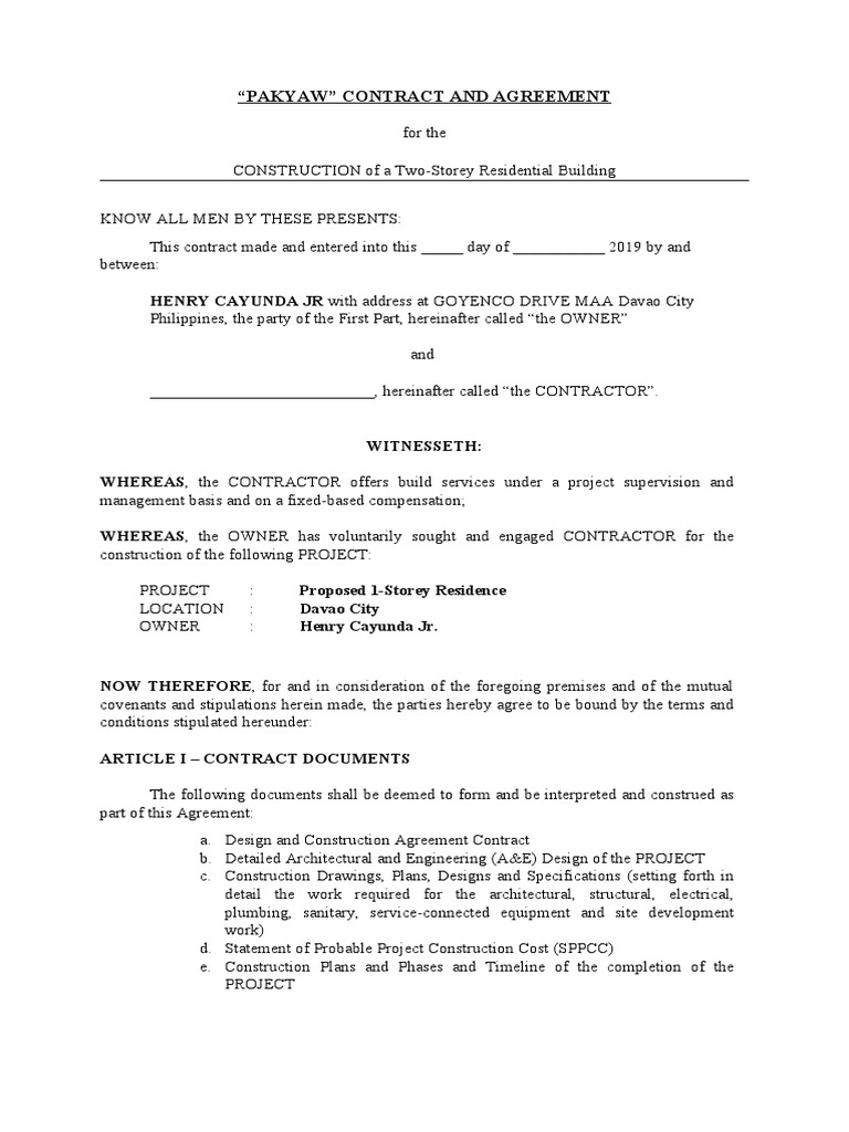 Pakyaw Construction Contract Sample | PDF | Employment | Legal Liability