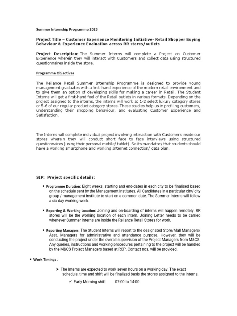 Reliance Retail Summer Internship 2023 | PDF | Retail | Internship