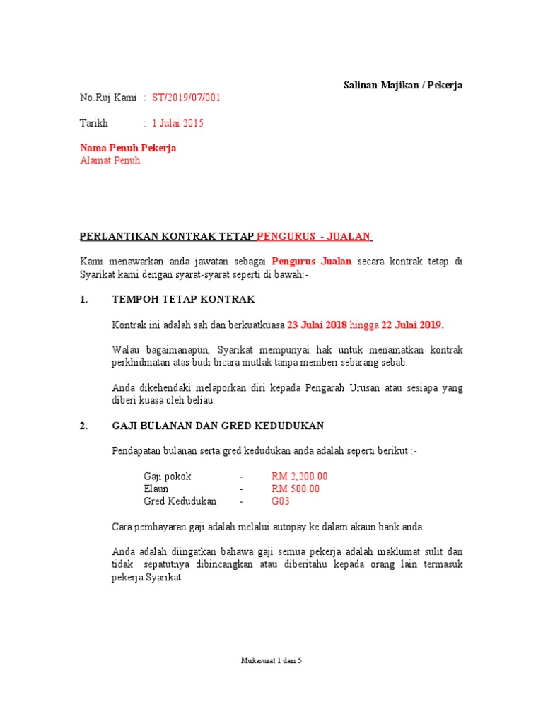 9 - Contoh Surat Lantikan Jawatan Kontrak Tetap | PDF