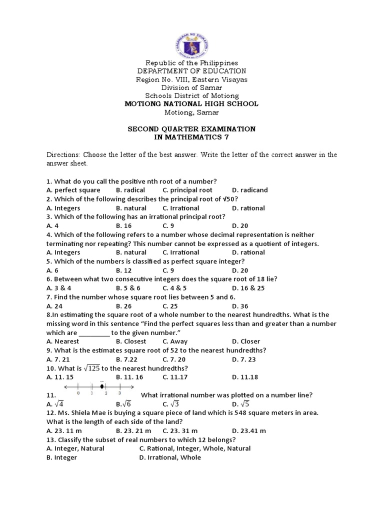 2nd Quarter Exam MATH 7 | PDF | Numbers | Rational Number