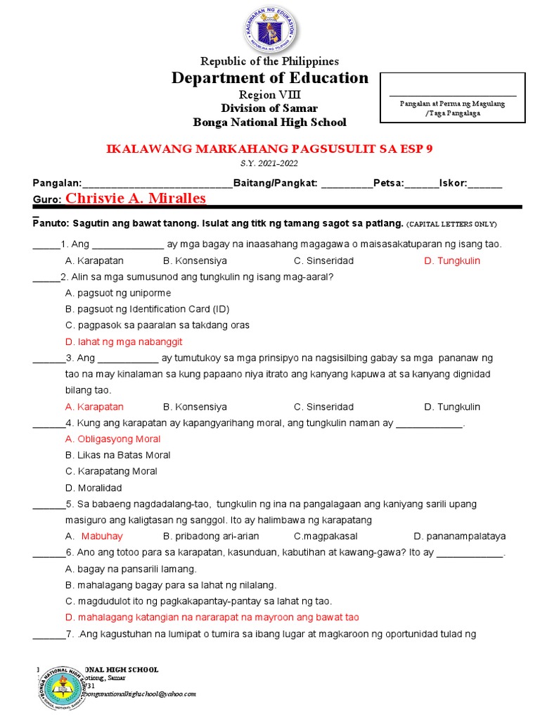 Esp 9 - 2ND Q - Sy. 2022 2023 | PDF