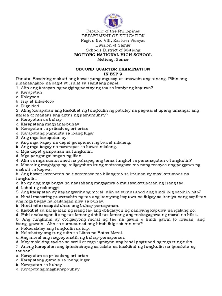ESP 9 Second Quarterly Examination | PDF