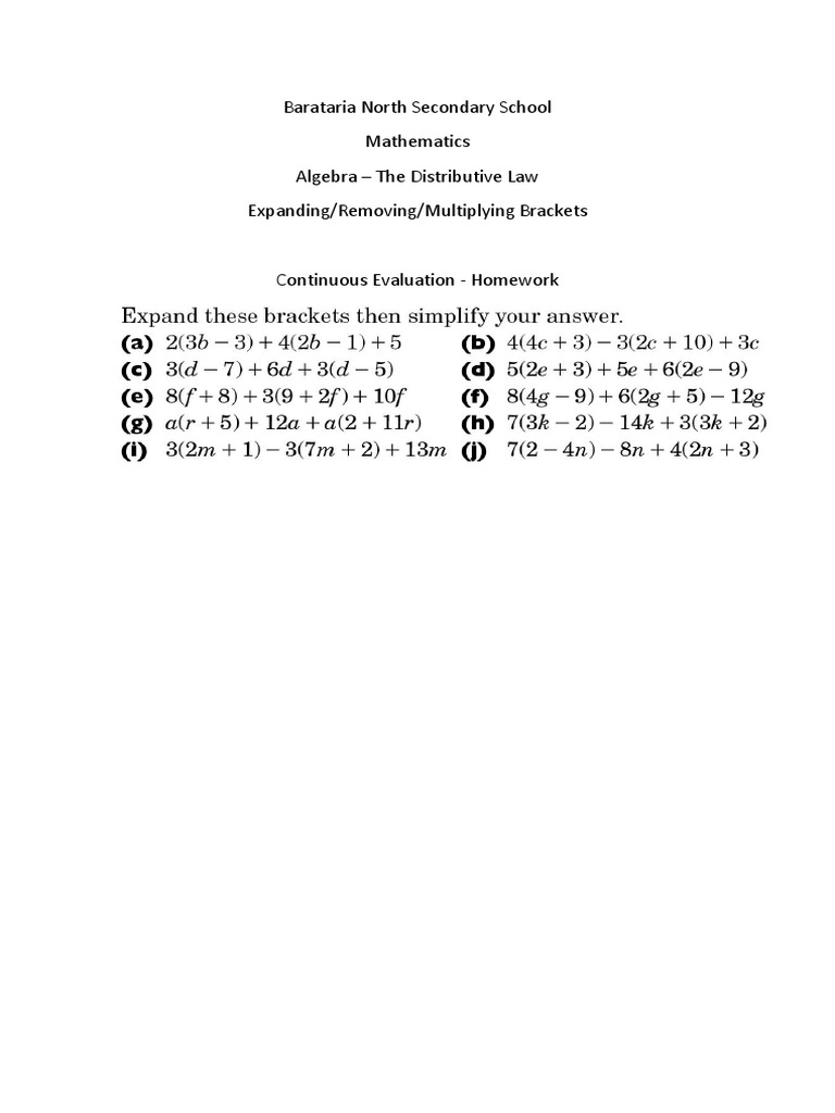 Algebra The Distributive Law Expanding Brackets 3 | PDF