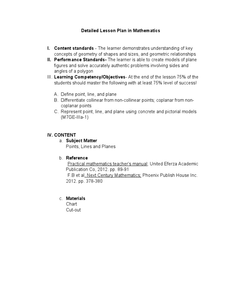 Detailed Lesson Plan in Mathematics | PDF | Geometry | Line (Geometry)
