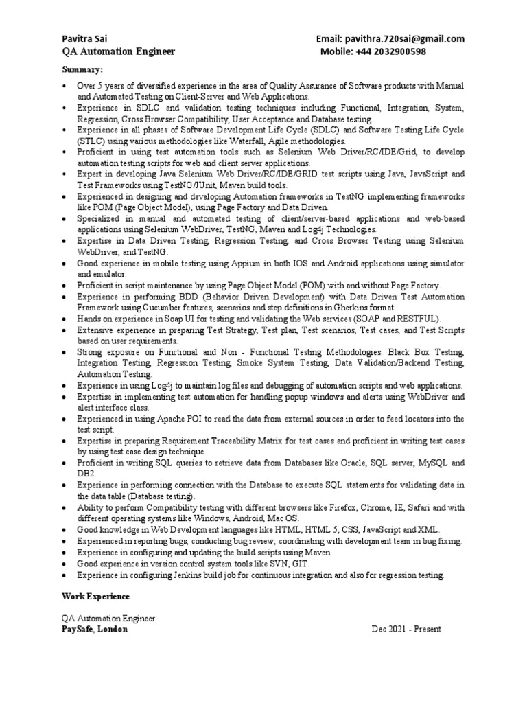 Pavy QA Resume | PDF | Selenium (Software) | Software Testing Pavy QA Resume | PDF | Selenium (Software) | Software Testing