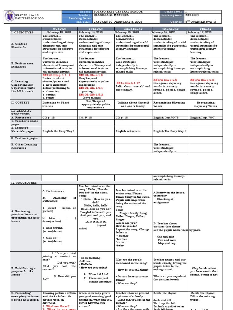 DLL English Q3 Wk1 | PDF | Learning | Literacy