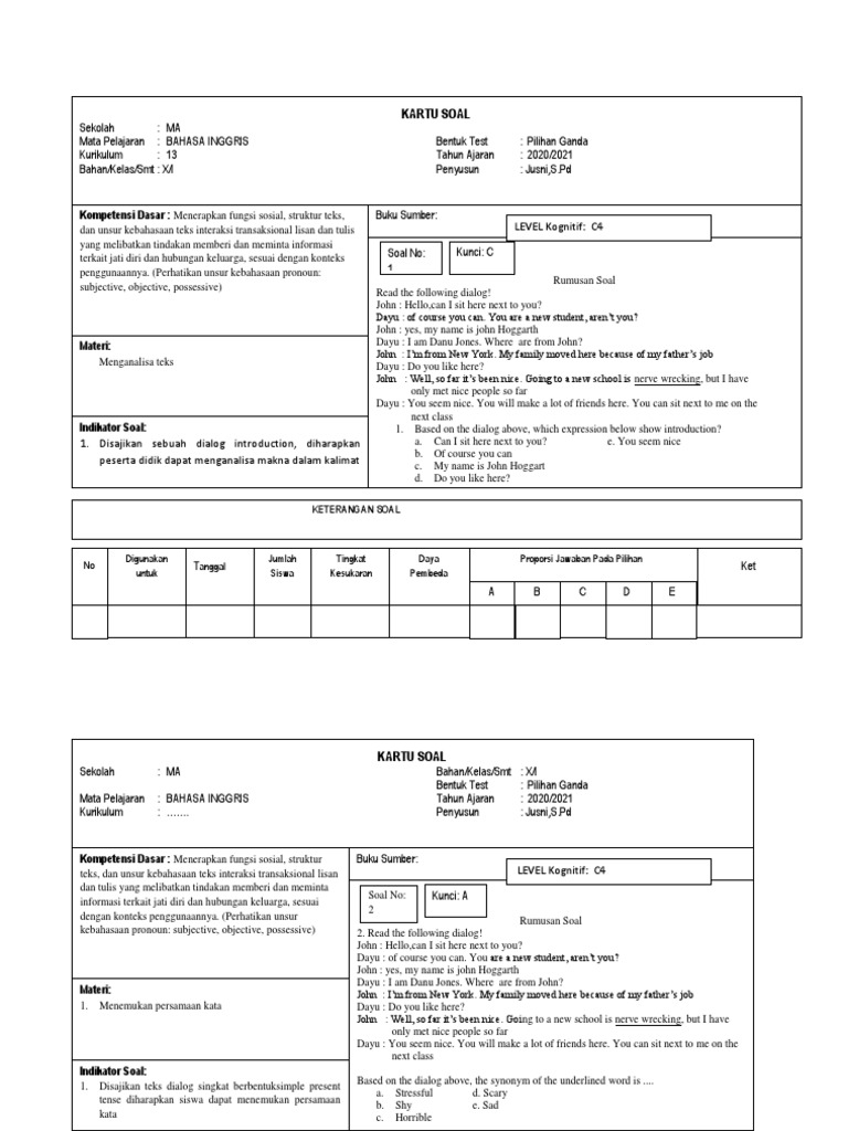 Kartu Soal Pas Bahasa Inggris Kelas X - Ganjil | PDF | Linguistics