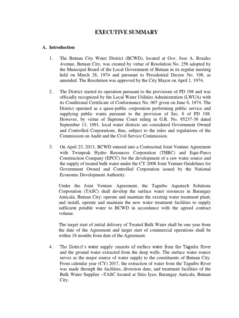 Butuan City Water District Agusan Del Norte Executive Summary 2020 ...