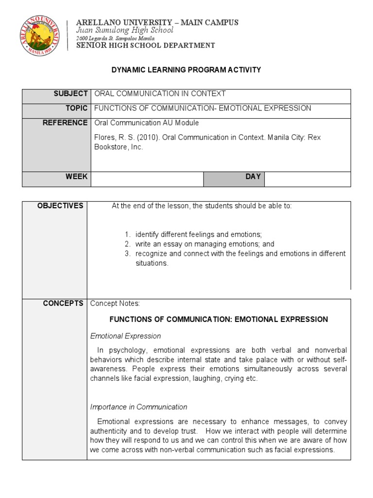 DLP 9 Functions of Communication Emotional Expression | PDF | Communication | Nonverbal ...