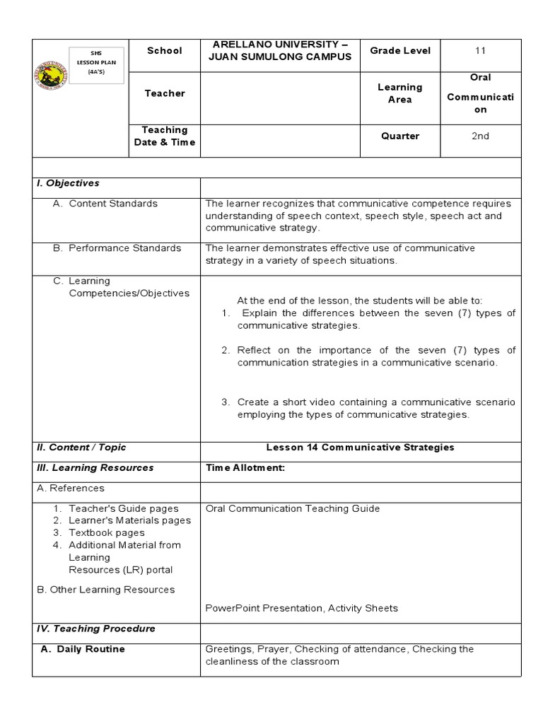 Lp14 Communicative Strategies | PDF | Learning | Lesson Plan