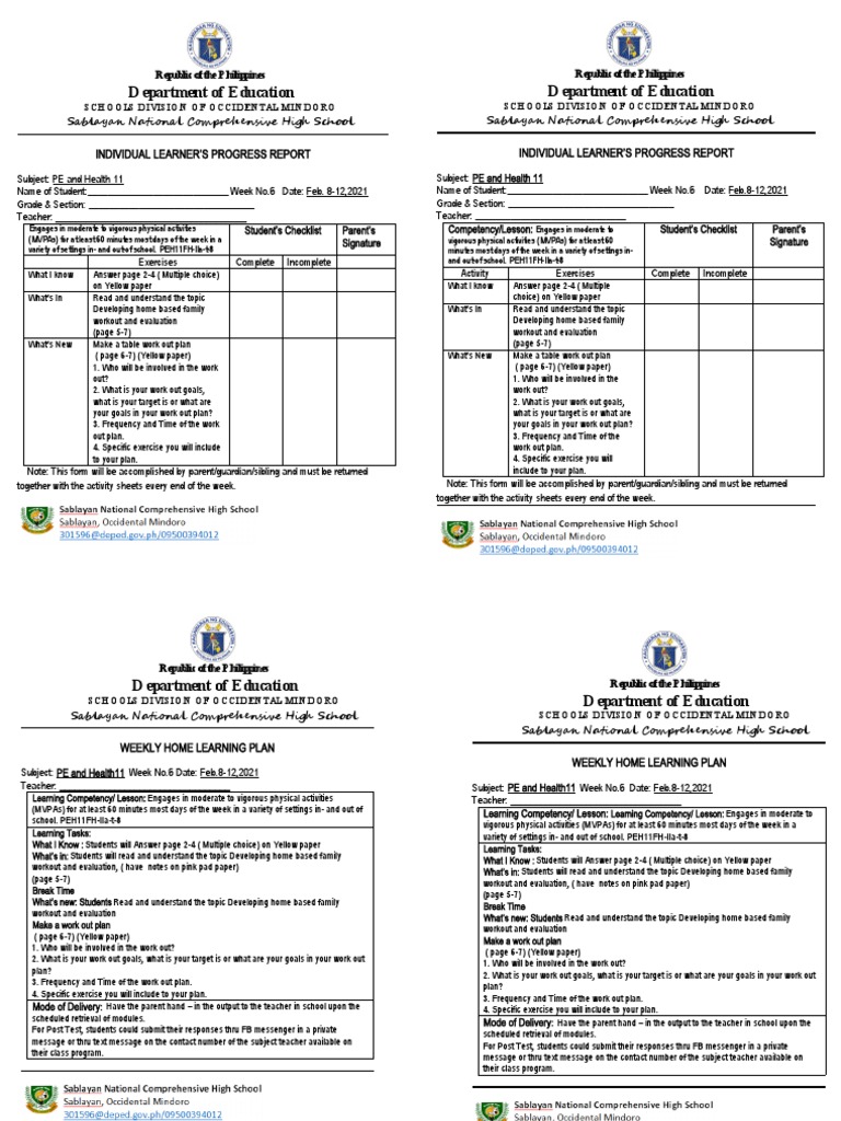 PE and Health weekly home learning plan | PDF | Cognition | Behavior Modification