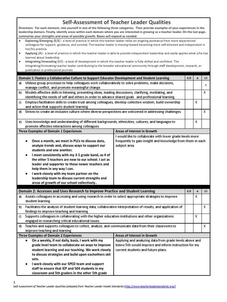 Teacher Leader Qualities Self-Assessment | PDF | Teachers | Leadership