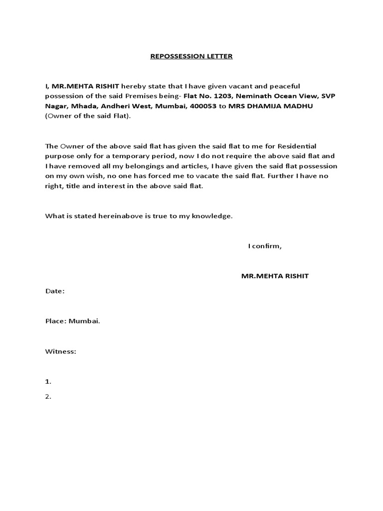 Repossession Letter | PDF