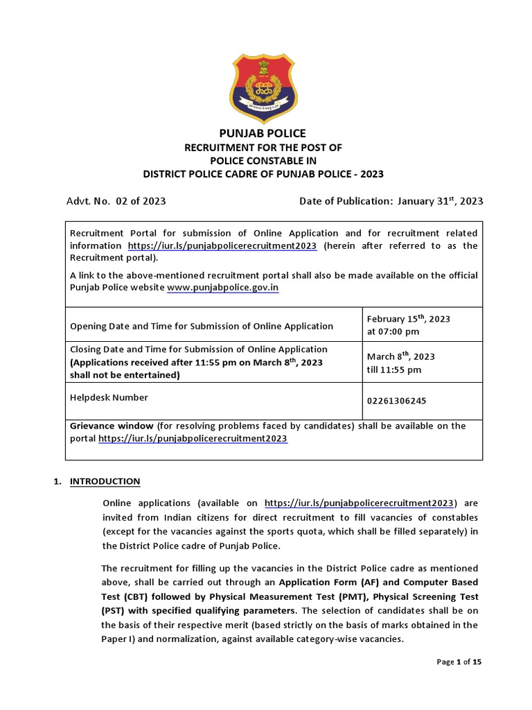 Punjab Police: Recruitment For The Post of Police Constable in District ...
