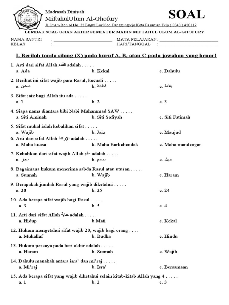 LEMBAR SOAL UJIAN AKHIR SEMESTER Tauhid | PDF