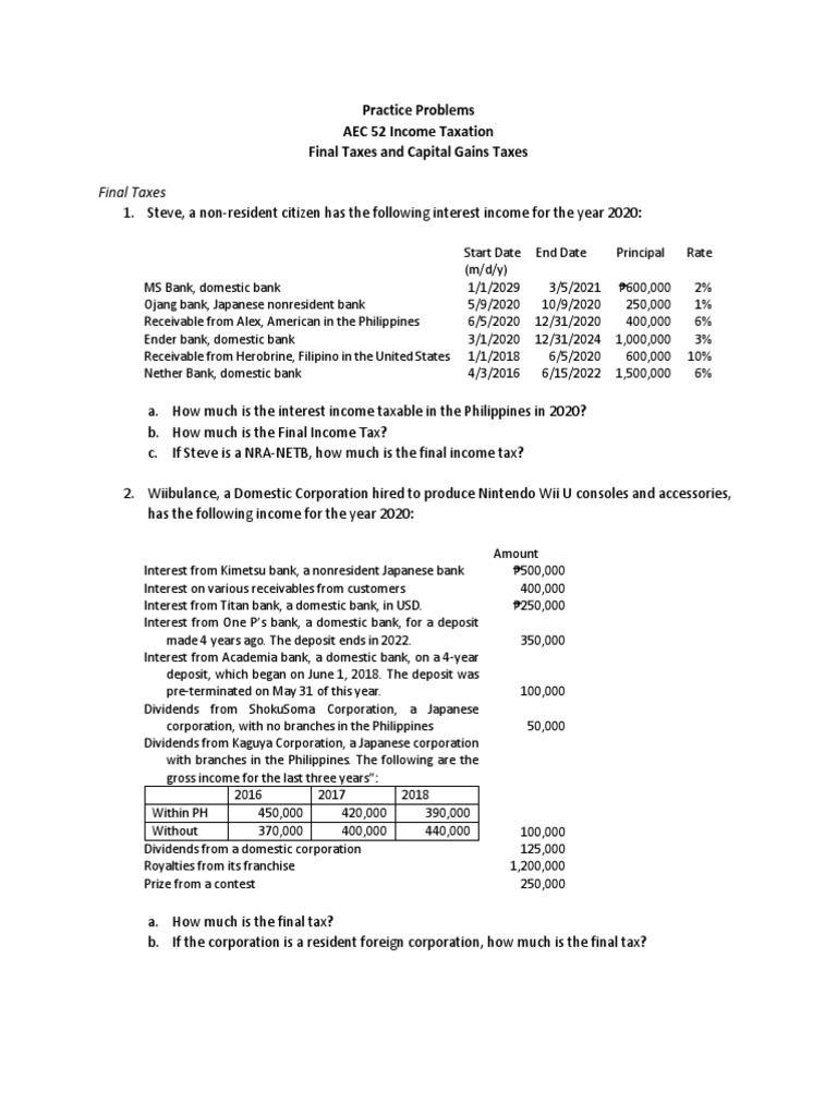 Taxation Practice Problems | PDF | Capital Gains Tax | Taxes
