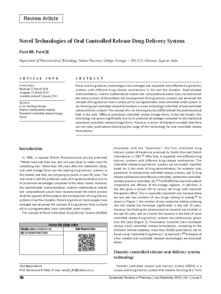 Novel Technologies of Oral Controlled Release Drug Delivery System ...