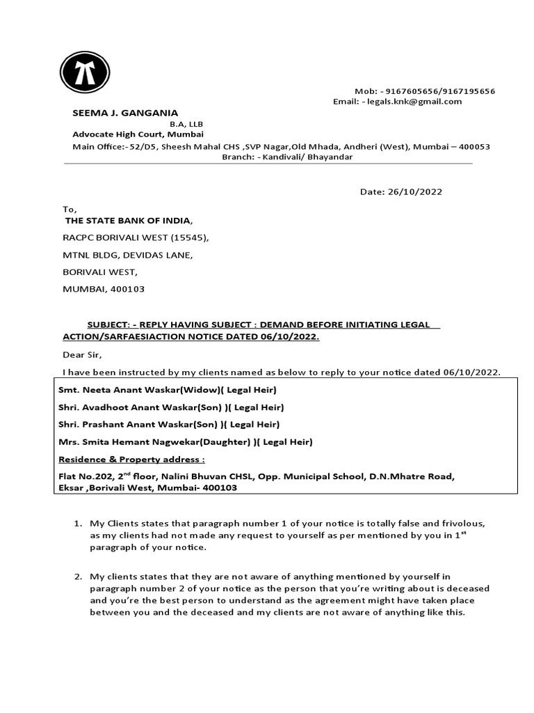 Avdhut Legal Notice To Bank | PDF | Common Law | Private Law