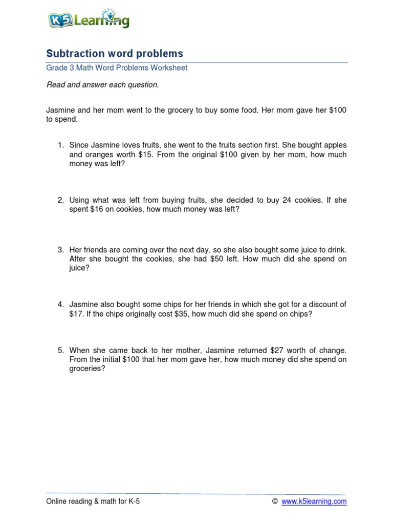 Grade 3 Subtraction Word Problems A4 | PDF