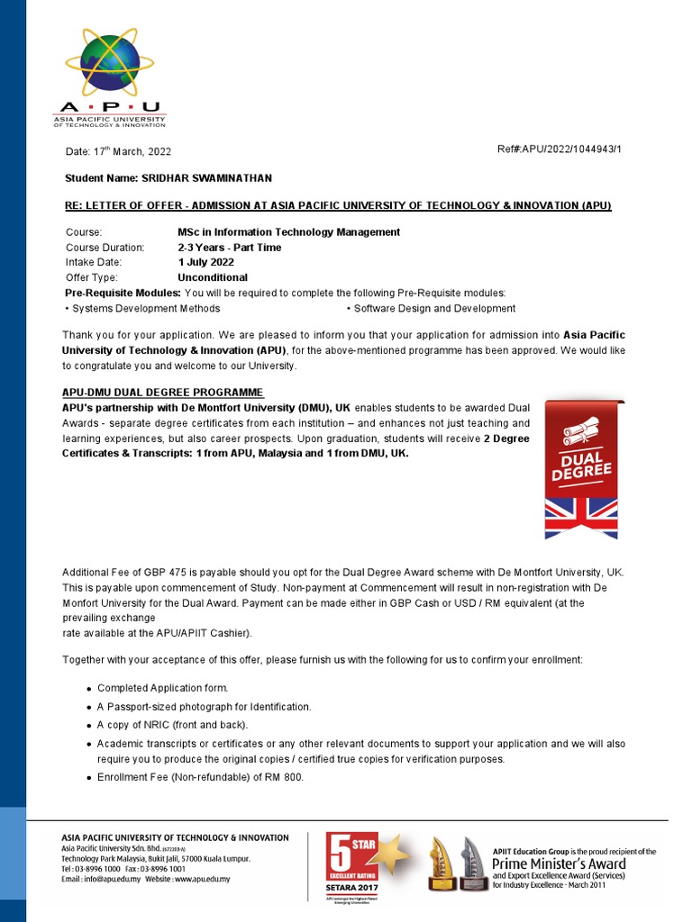 Sridhar Swaminathan Offer Letter | Download Free PDF | Fee | Cheque