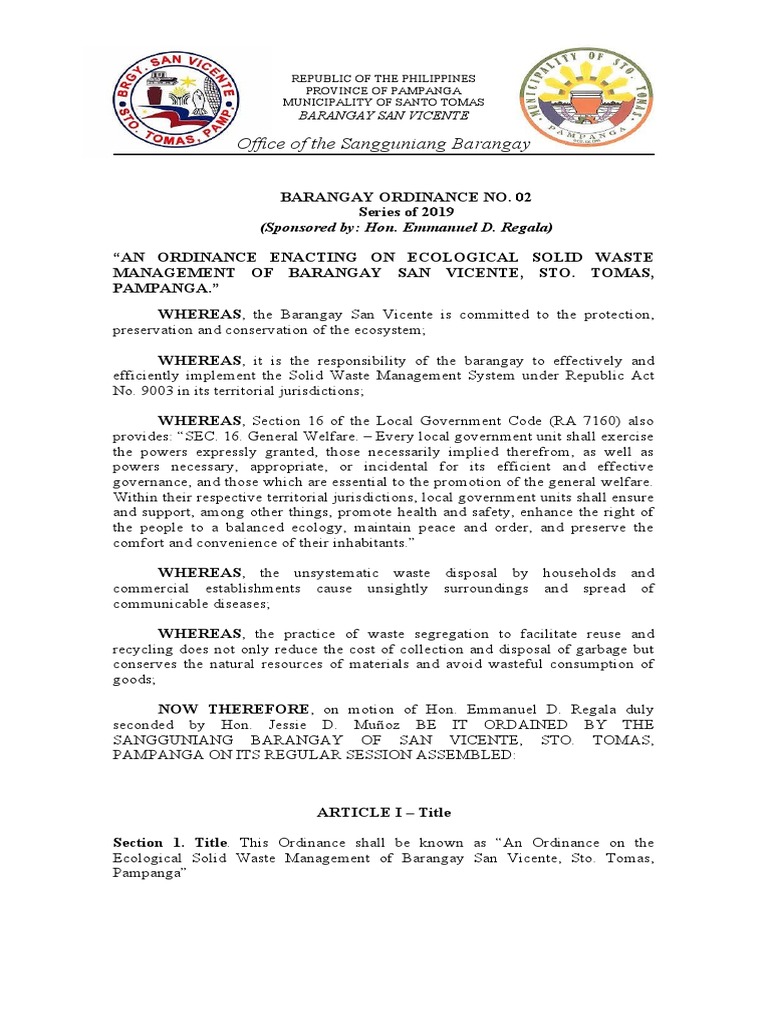 Barangay San Vicente Waste Management Ordinance | PDF | Municipal Solid ...