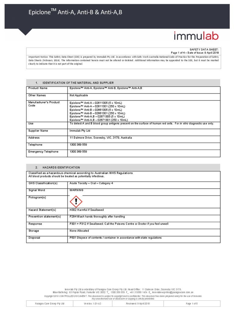 MSDS Immulab Epiclone Anti-AB | PDF | Chemical Substances | Safety