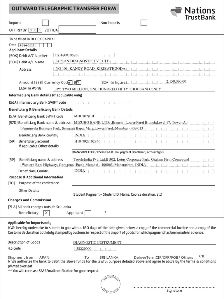 Outward Telegraphic Transfer Form (2) - TOSOH 008 | PDF | Banks | Taxes