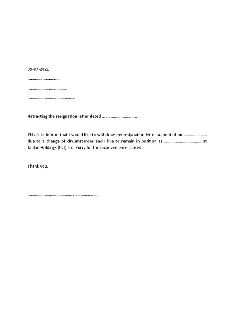 Resignation Withdrawal Letter Template | PDF | Finance & Money Management