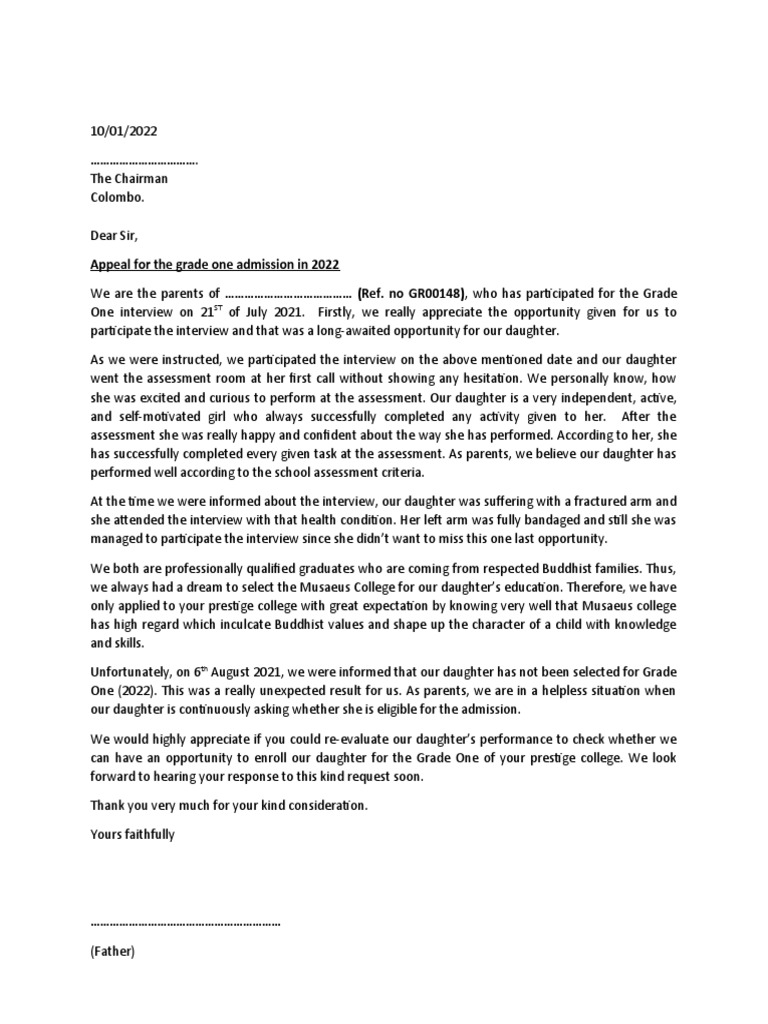 Appeal Letter To The Principle | PDF