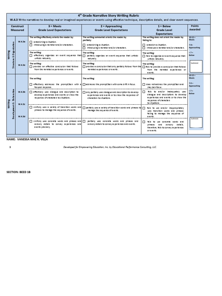 4th Grade Narrative Story Writing Rubric | PDF | English Language ...