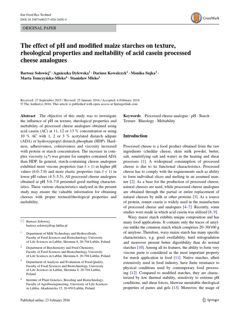 Solowiej2016 - Processed Cheese Analogues | PDF | Starch | Rheology