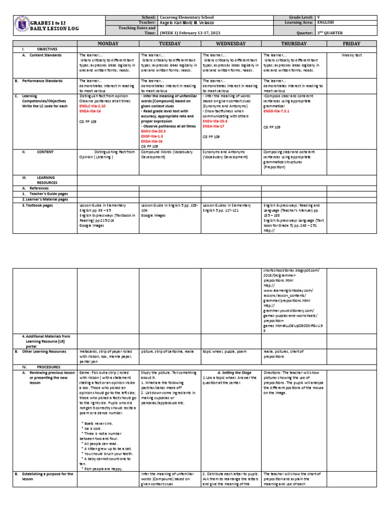 DLL - English 5 - Q3 - W1 | PDF | English Language | Learning