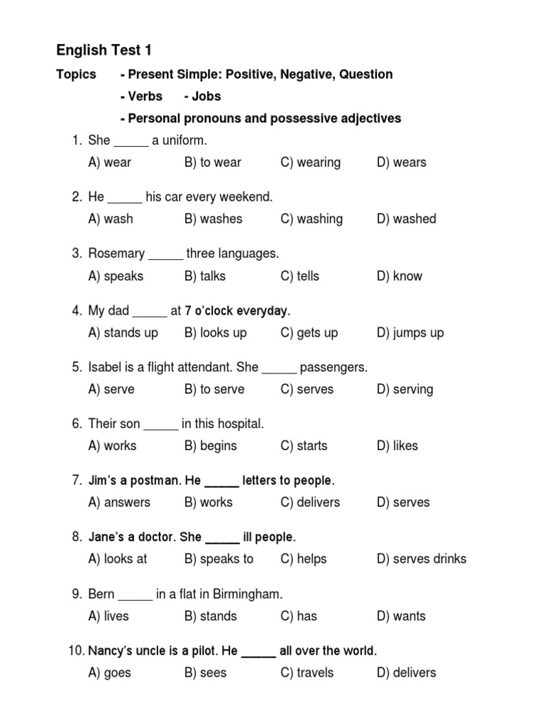 Test 1 Present Simple Pdf English Language Linguistics