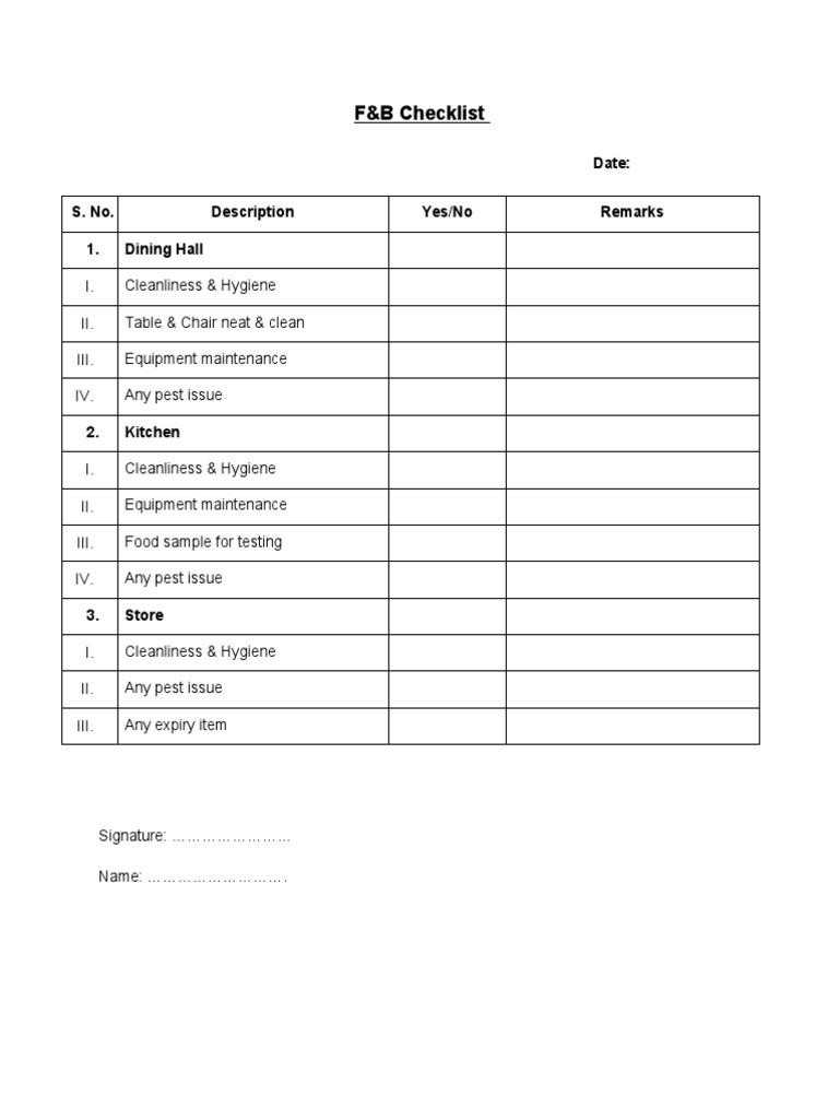 F&B Checklist | PDF
