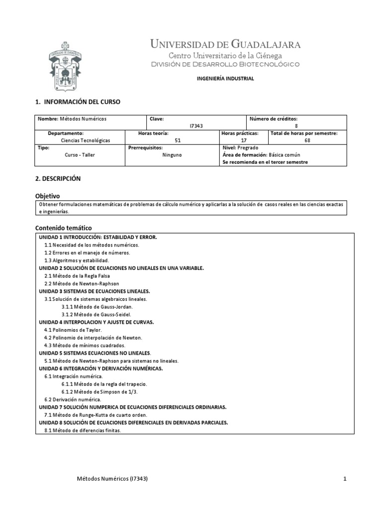 Programa Del Curso de Métodos Numéricos Ingeniería Industrial - Julio ...