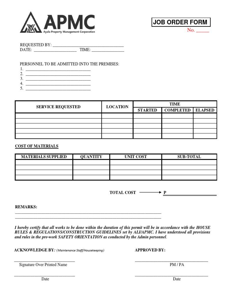Job Order Form | PDF