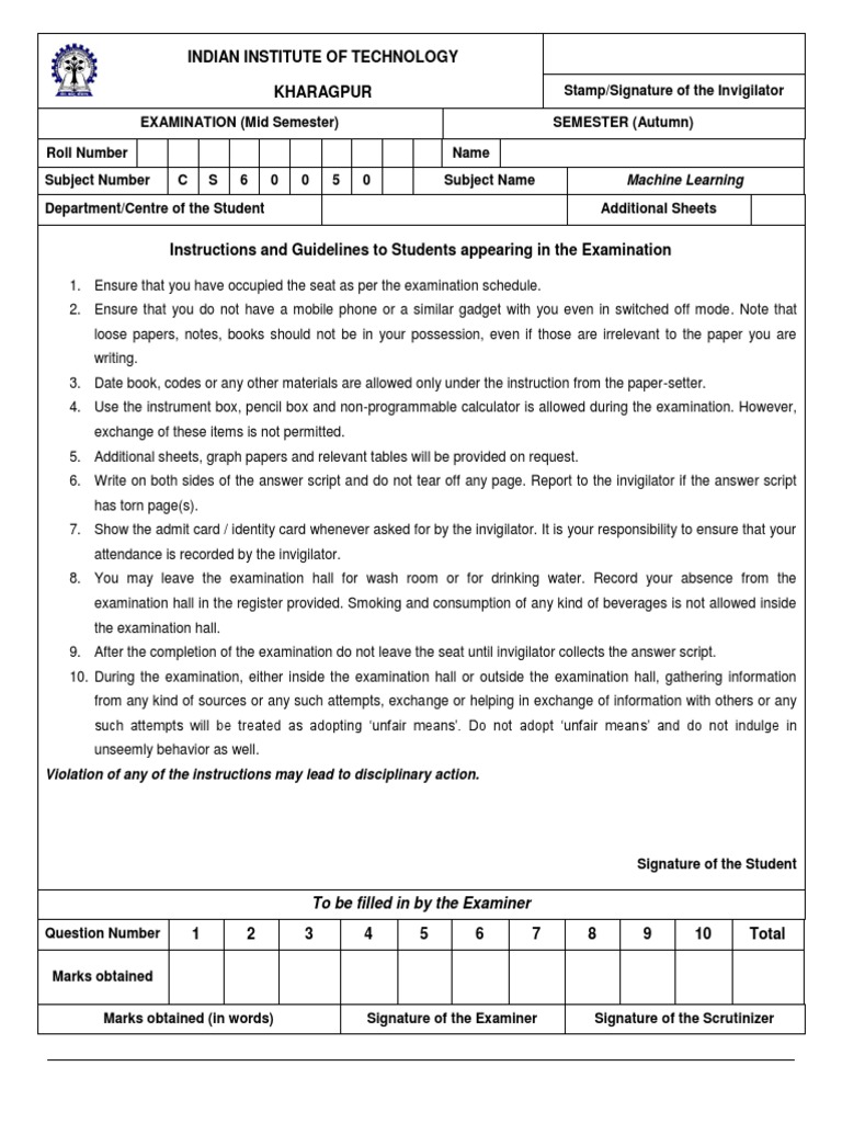 Indian Institute of Technology Kharagpur: Machine Learning | PDF | Statistical Classification ...