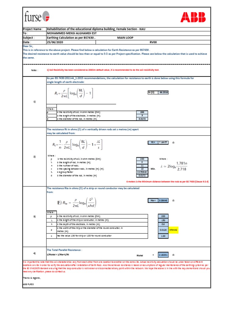 Earthing Resistance Calculation per BS7430 | PDF | Electrical ...