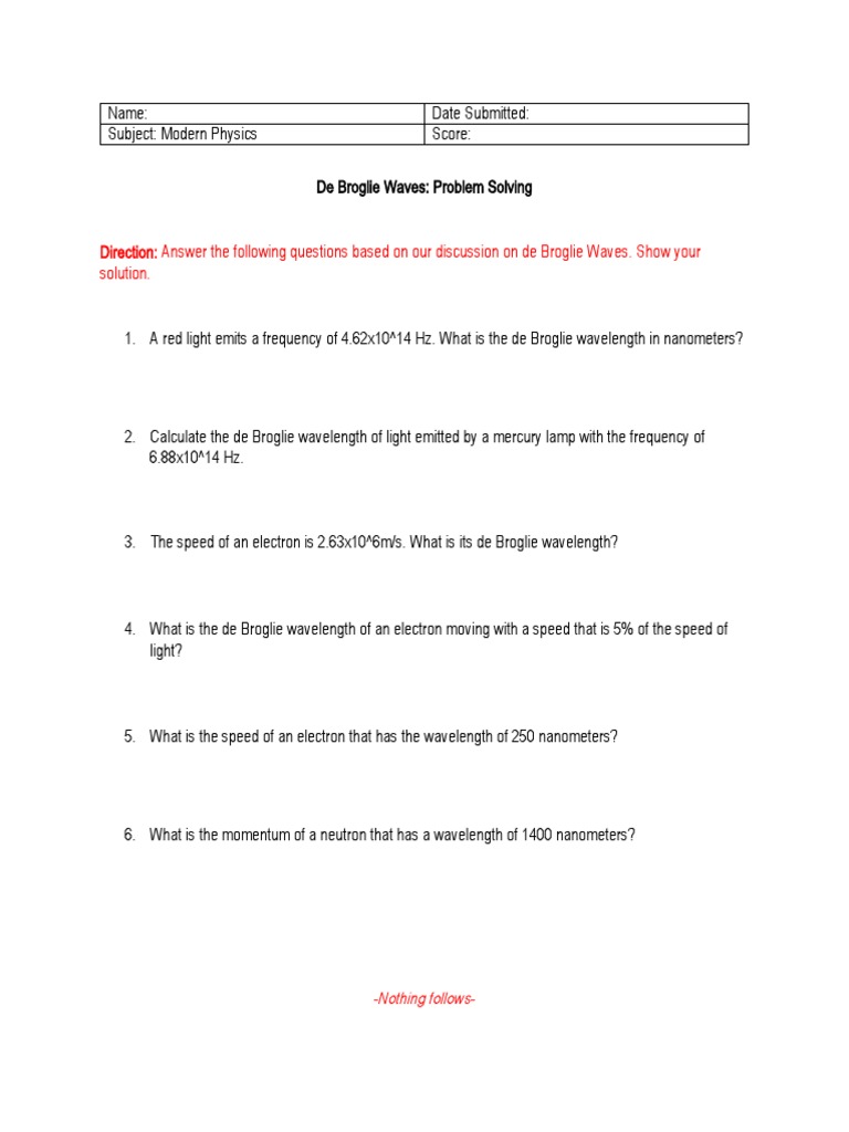 De Broglie Wavelength Problem Set | PDF