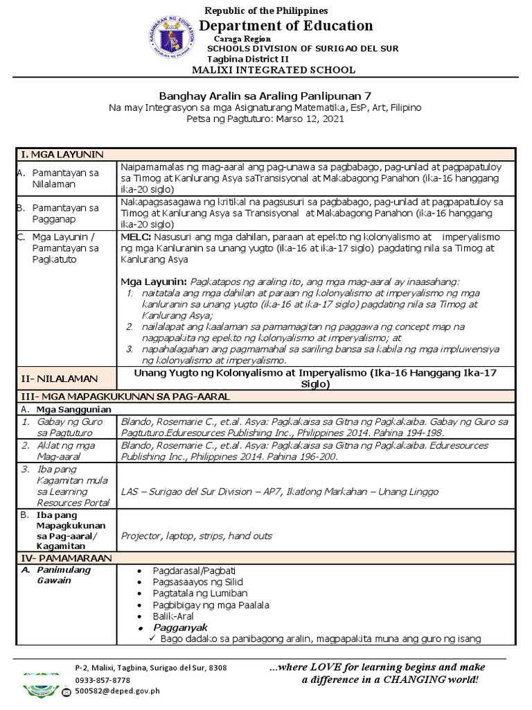 COT - Aral - Pan7 - LESSON PLAN (Q3) - 2020-2021 | PDF